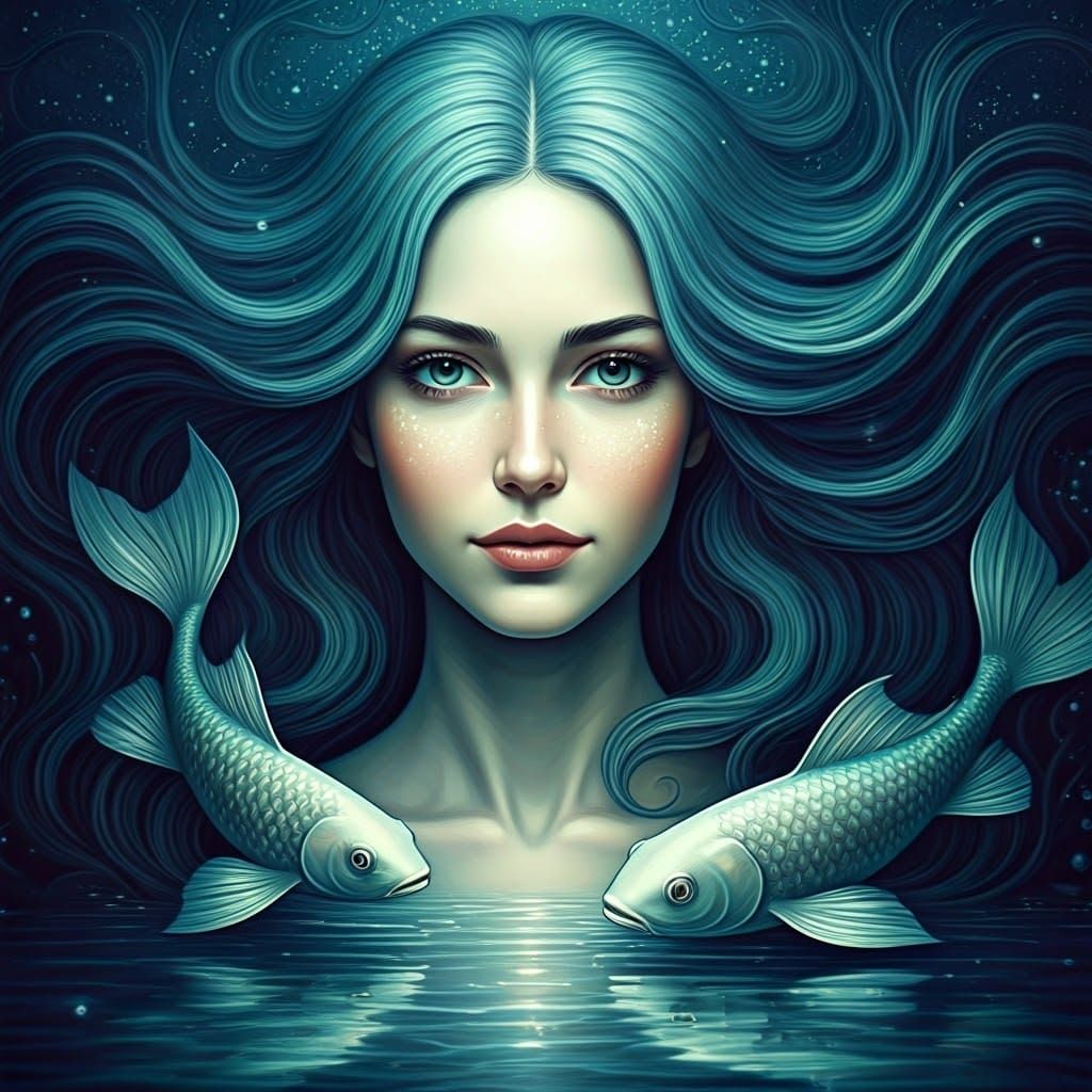 Surreal Pisces Goddess Surrounded by Shimmering Wa... - AI Art