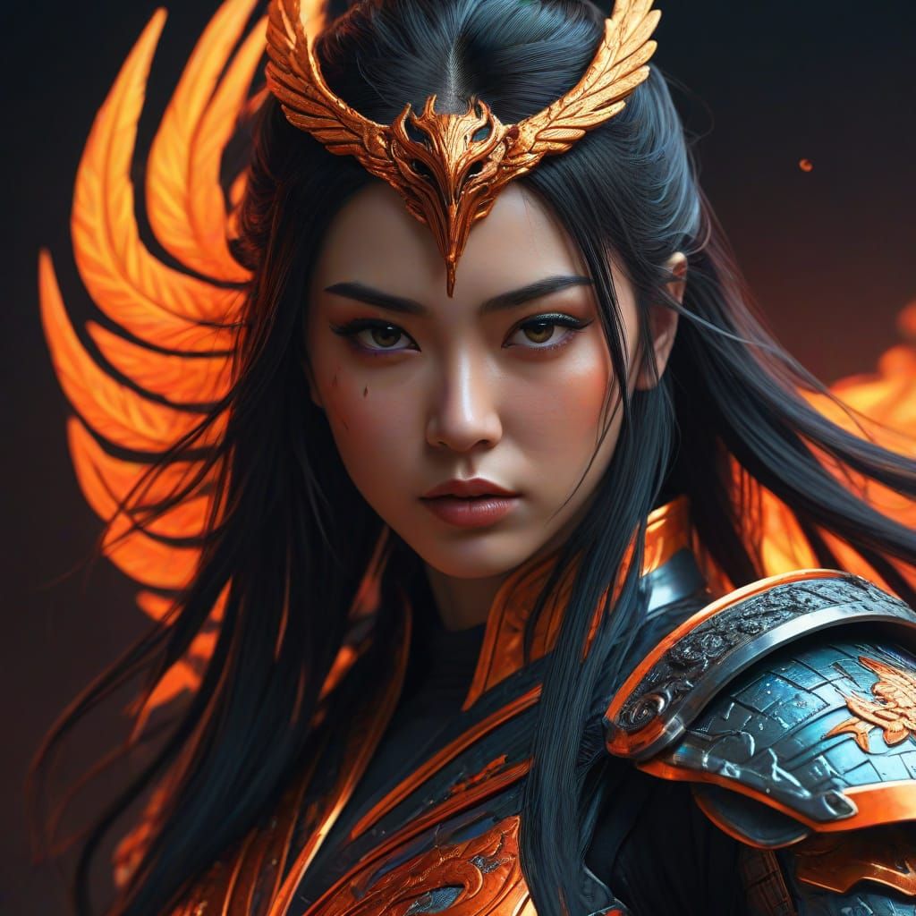 , female samurai phoenix knight, long black hair, phoenix samurai armor