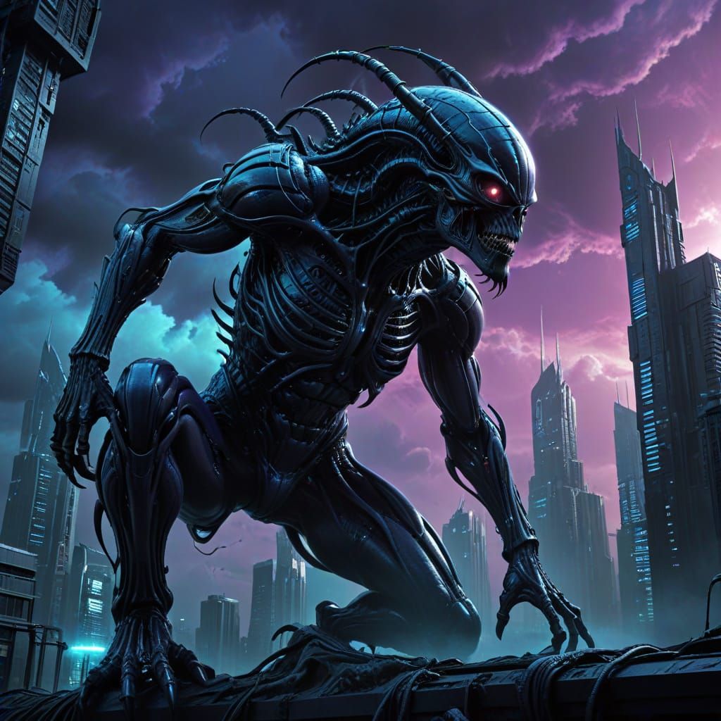 a futuristic city skyline, a mutant creature climbing over buildings