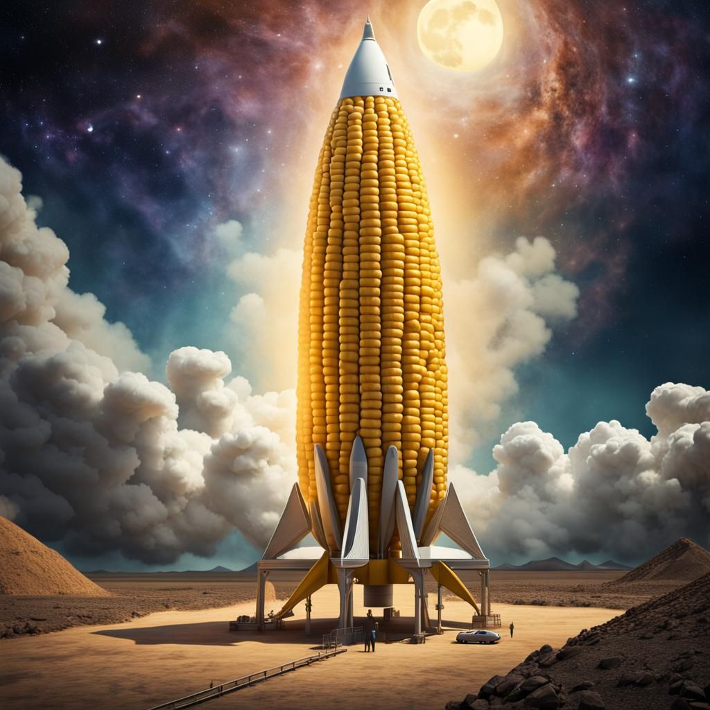 massive rendered yellow corn cob rocket, standing upright on a 1950s ...