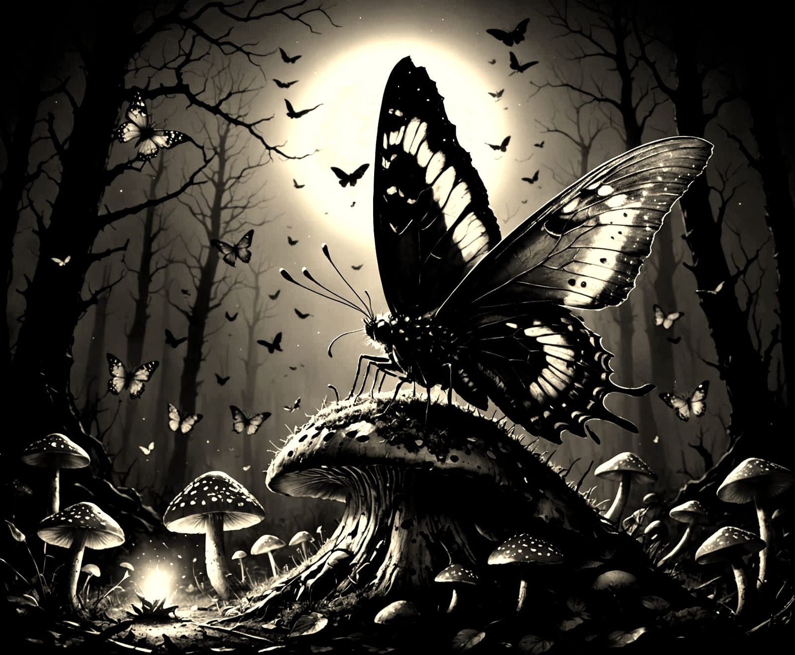 Winged Nightmare Butterfly in a Moonlit Mushroom S... - AI Art