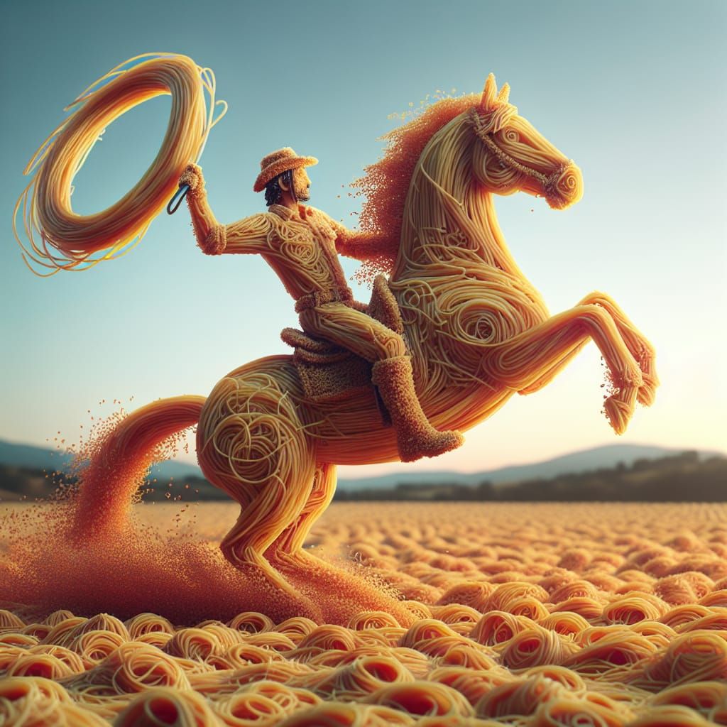 The image of a man made from spaghetti riding a spaghetti horse in a ...
