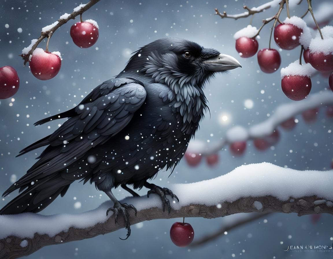 fluffy black raven, on a snowy cherry tree branch, adorable starry eyes ...