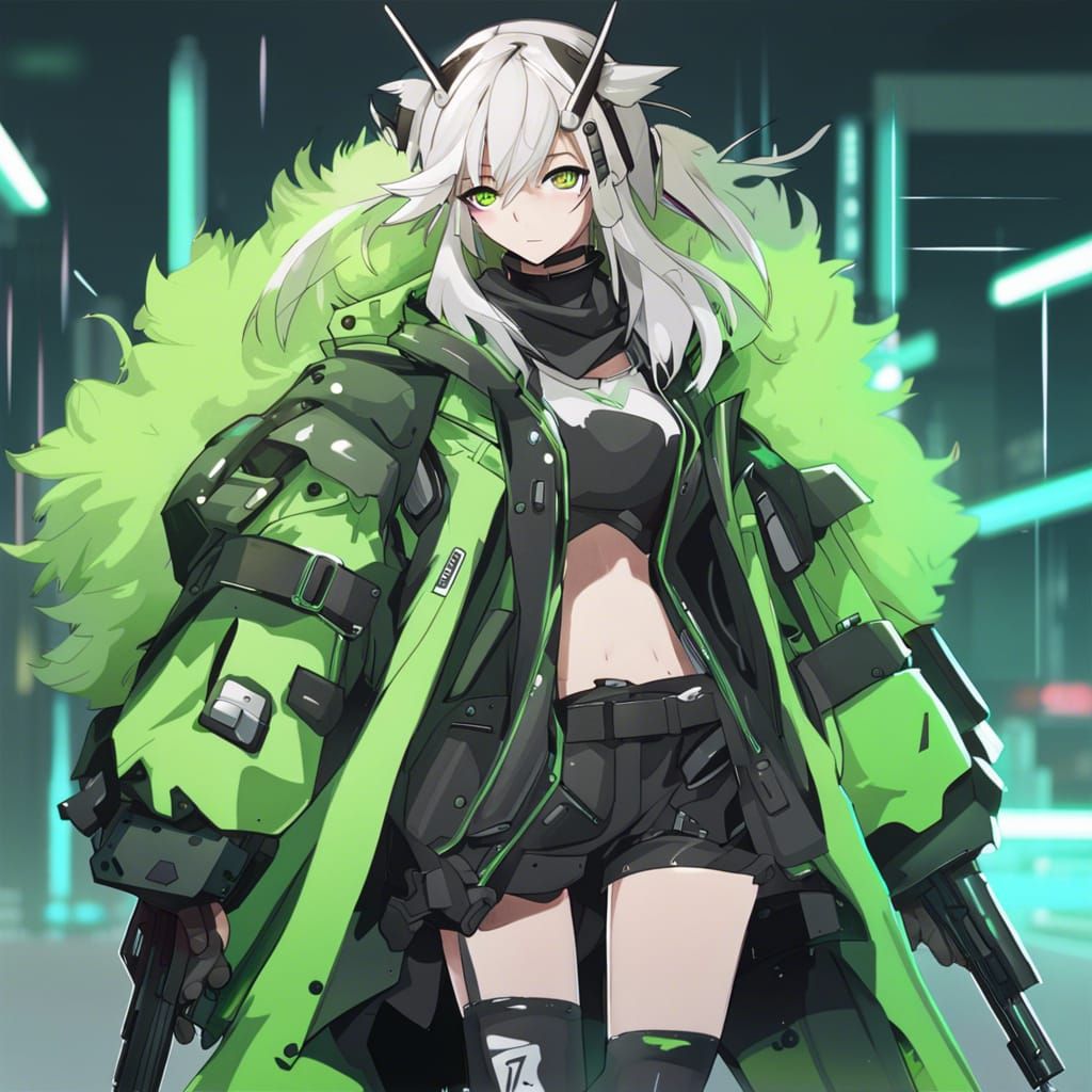 character sheet, arknights, anime girl,enormous neon green machine gun ...