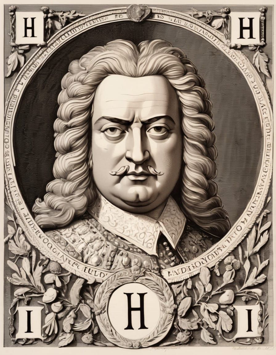 H is for Handel - Baroque Portrait of a Musician in Etched D...