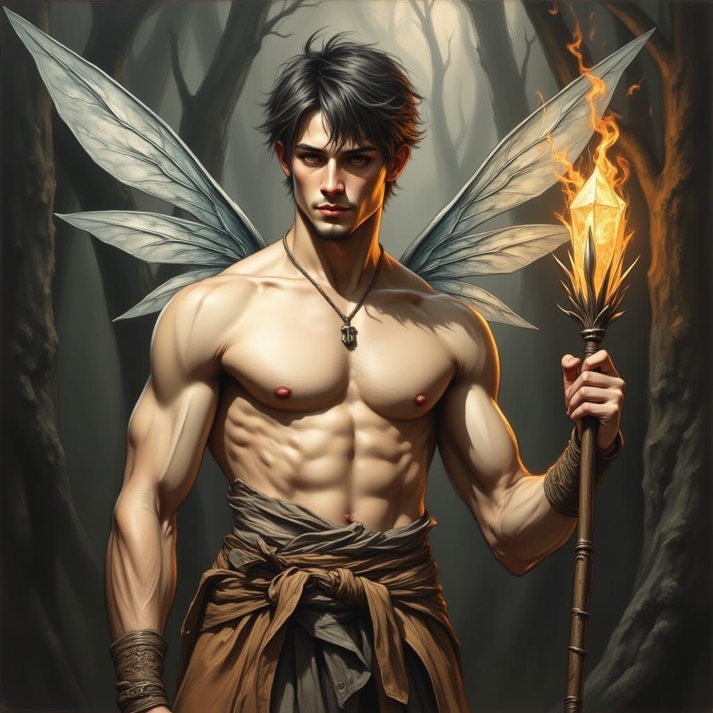 Shirtless male portrait, fairy holding a spear top... - AI Art