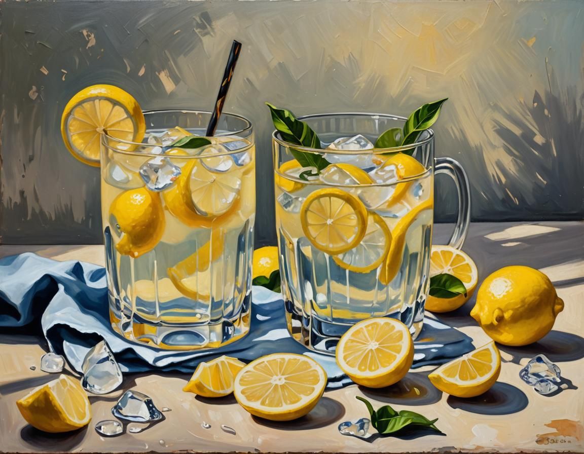 A glass of icy cold lemonade, cut lemons, under scorching sun, oil ...