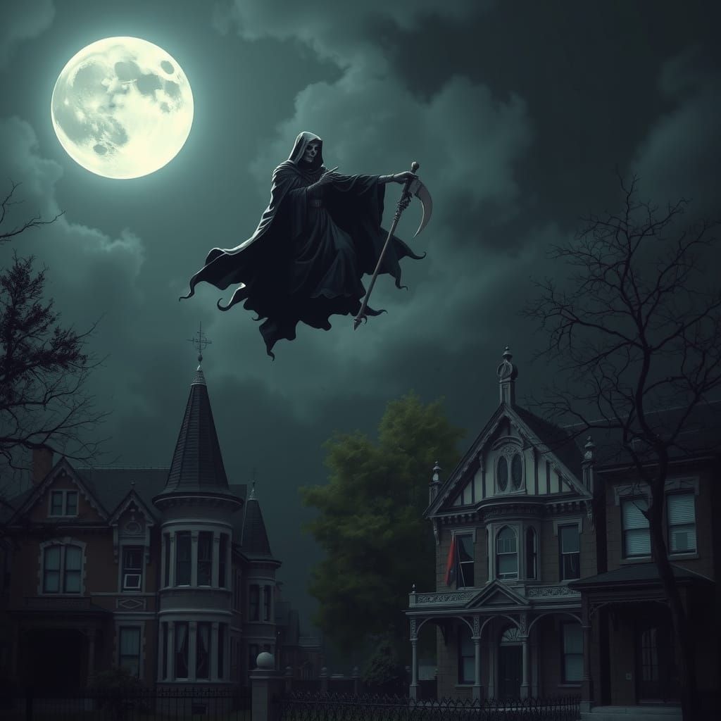 Grim Reaper Descends Above Haunted Houses in Dark ... - AI Art