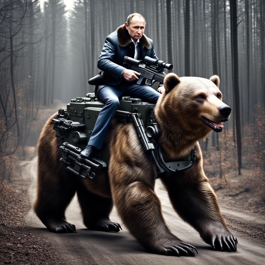 Vladmir Putin Riding a robotic bear with an sub machine gun - AI ...