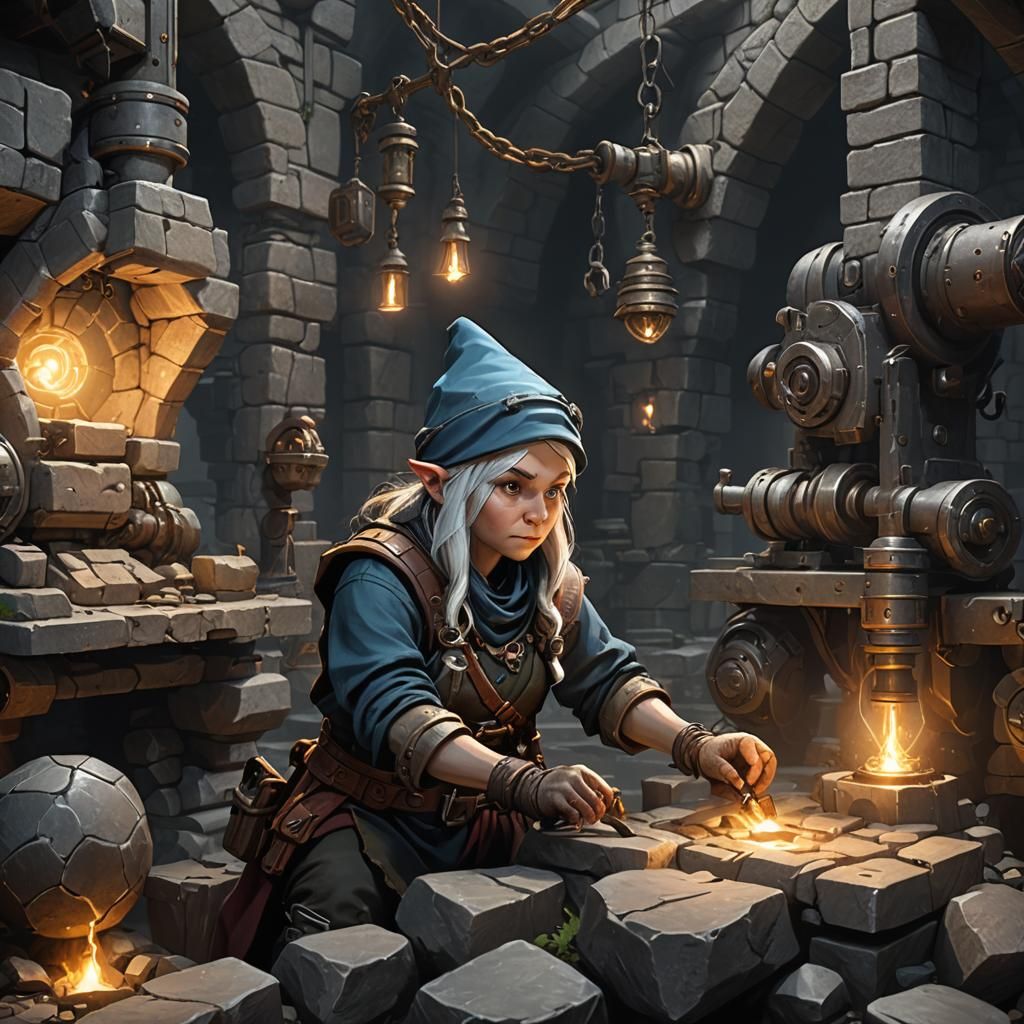 Female gnome inventor working in a mountain-side city - AI Generated ...