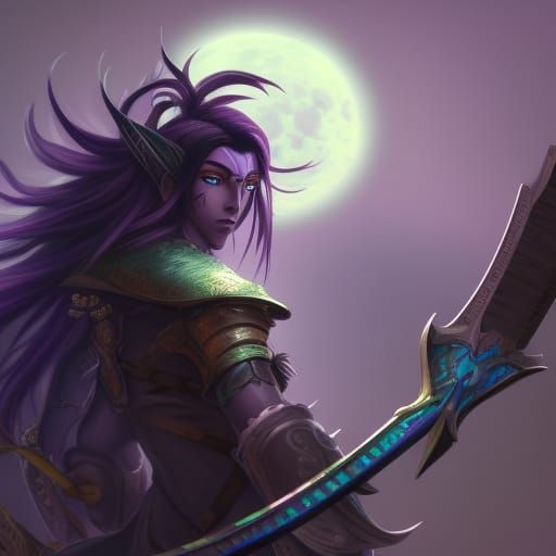 Moon Elf Male Swordsman with bluish purple skin and black hair and ...