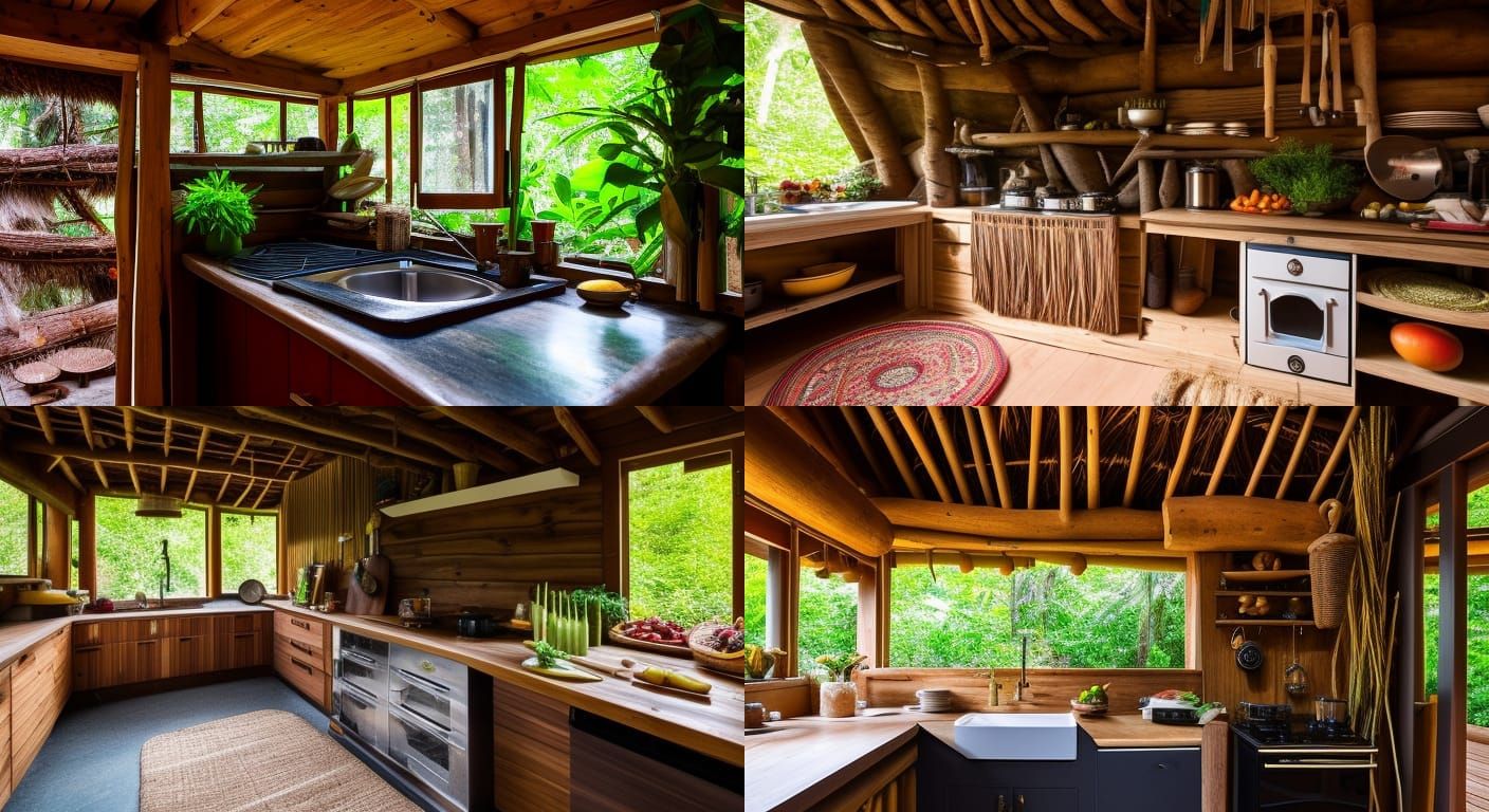 small tree house interior photography, ((low tech messy kitchen ...