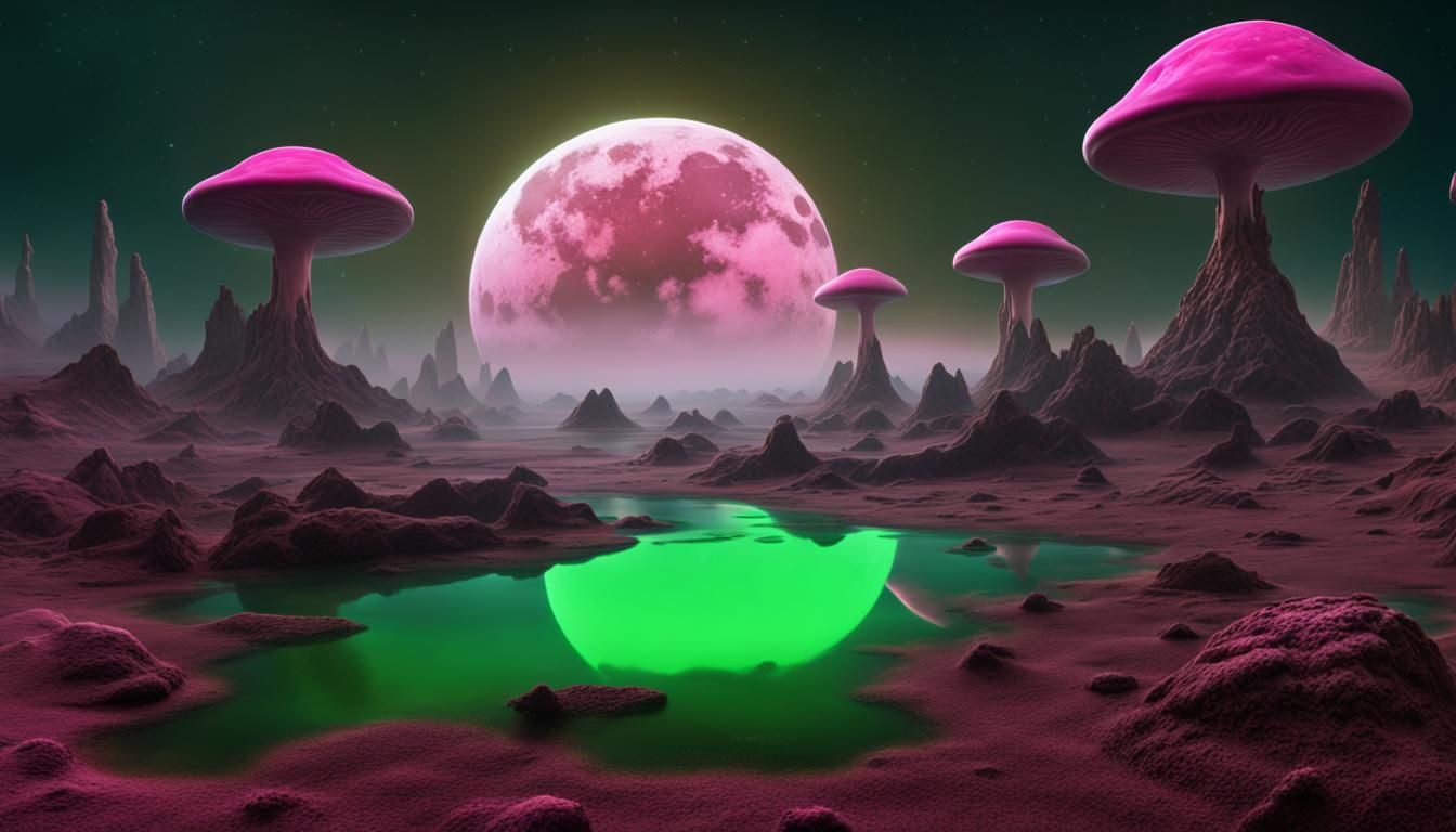 Strange alien planet, giant bio luminescent magenta mushrooms, deep ...