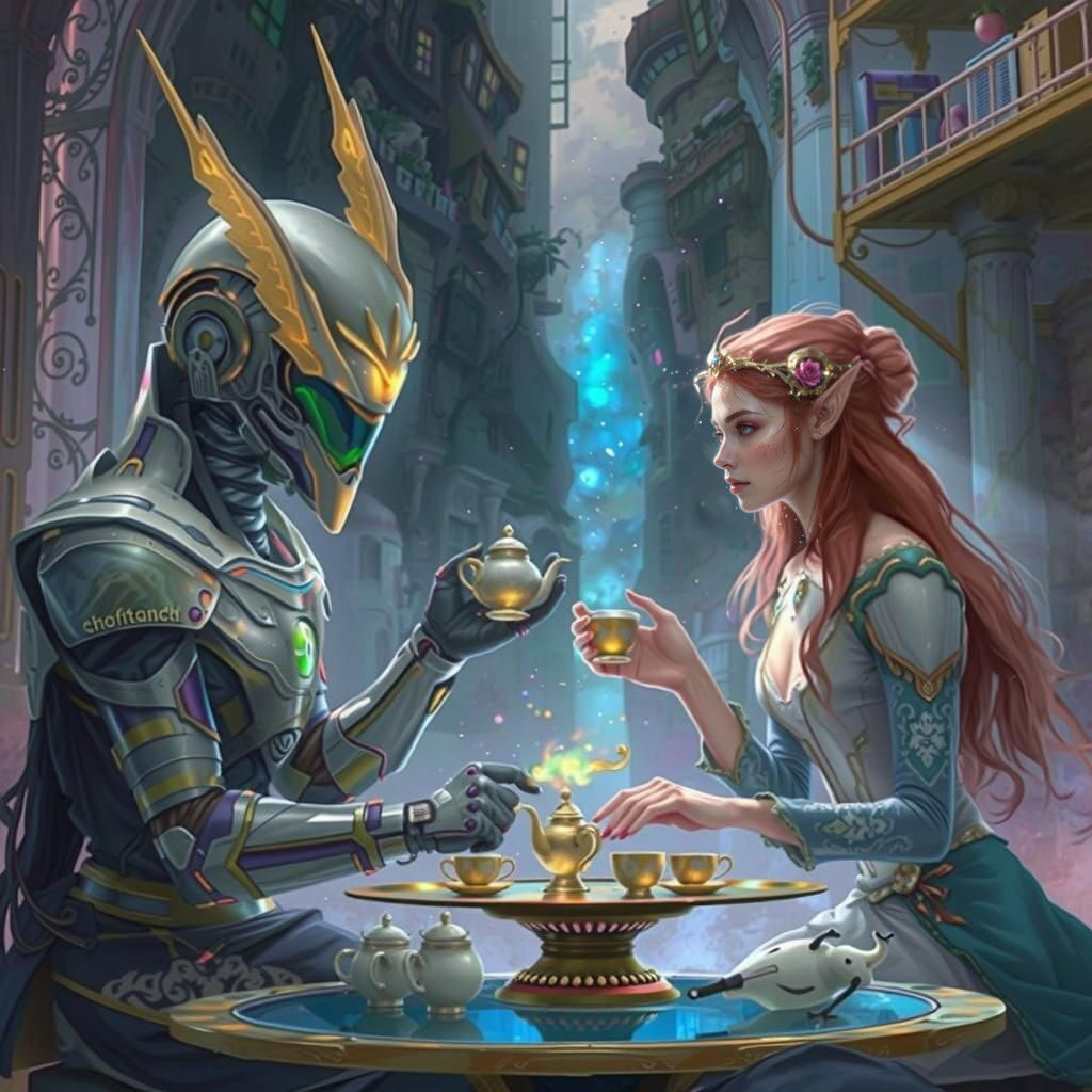 futuristic cyborg and a tolkien elven princess