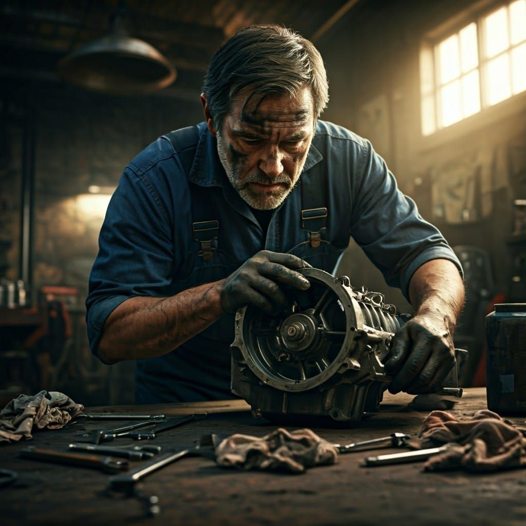 A mechanic working in a dimly lit garage. His face and hands are ...