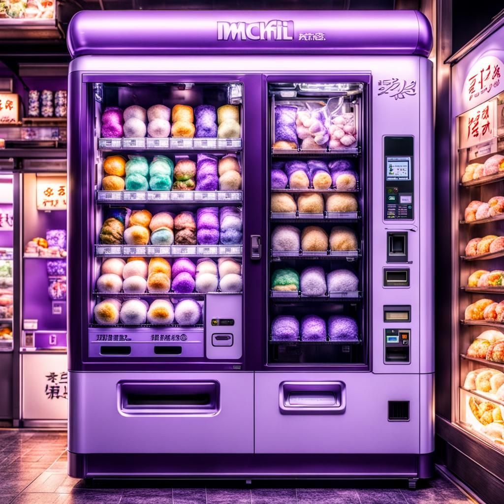 light purple vending machine with daifuku mochi inside - AI Generated ...