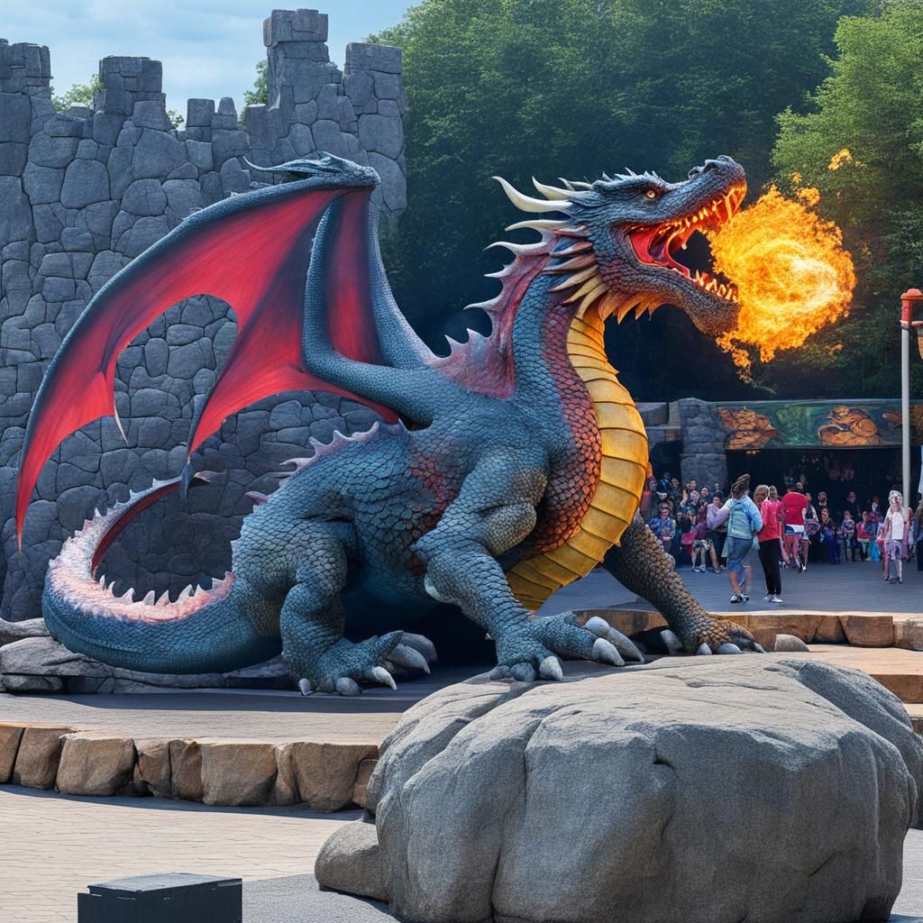 A giant fire breathing dragon sitting on A rock to the entrances to A ...