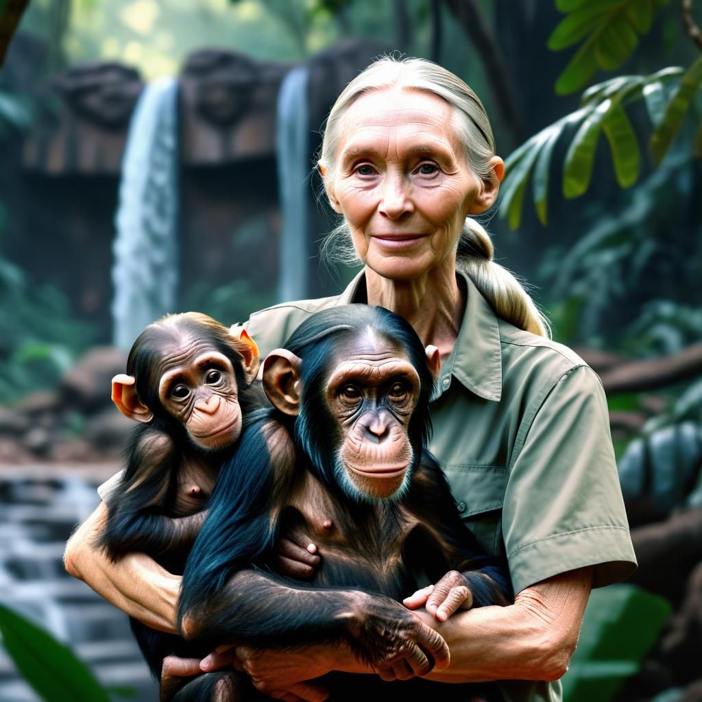 Dr. Jane Goodall holding with an armload of chimpanzees - AI Generated ...