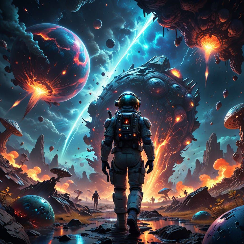 Cosmic Battle Unfolds in Vibrant Alien Landscape - AI Art