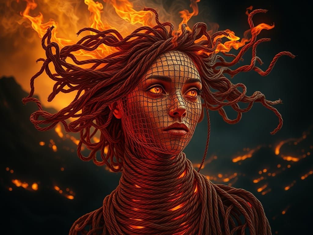 Rope and Flame - Woman of Rope and Lava in Fiery Destruction