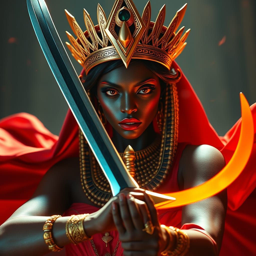 Egyptian Queen in Golden Regalia with Red Gown and... - AI Art