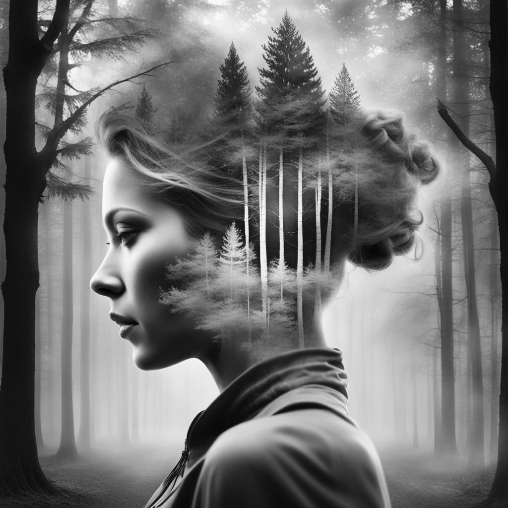 Double exposure photo, a black and white photo of a woman with trees in ...