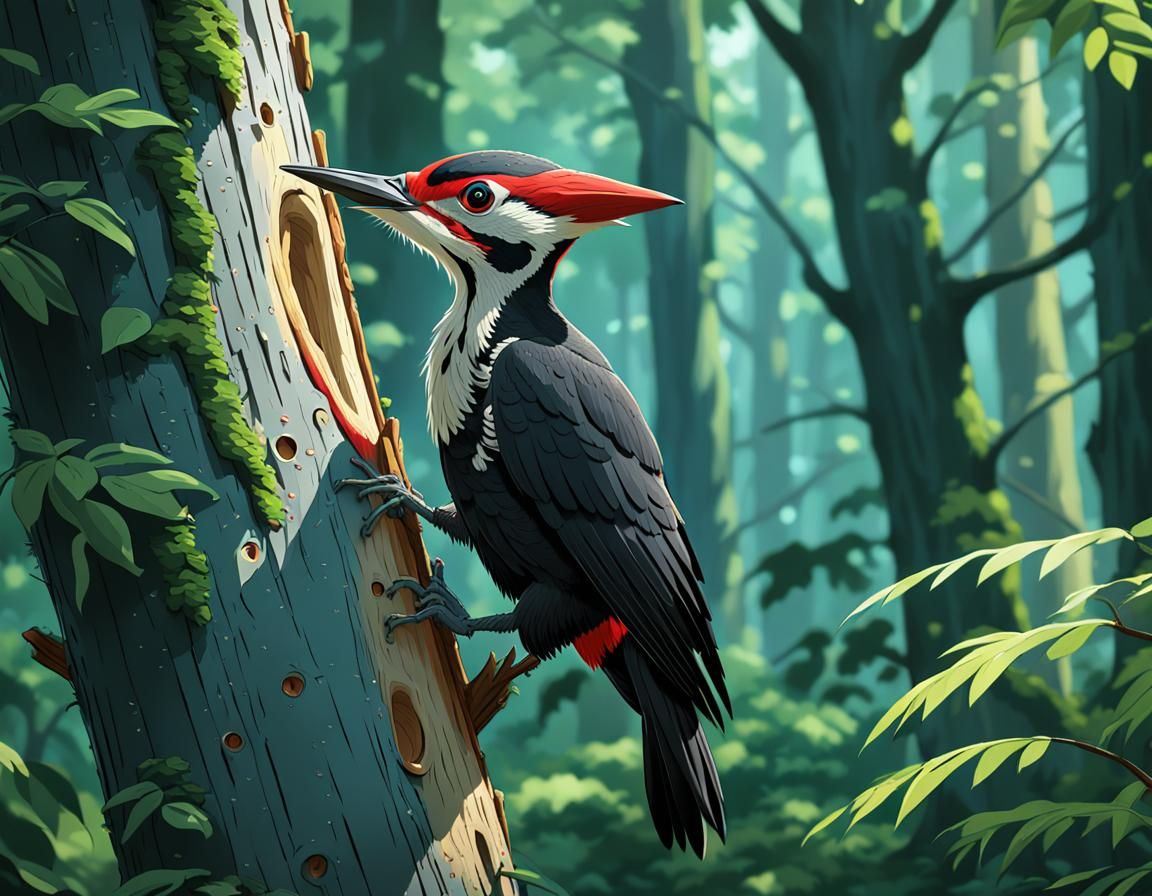 Pileated woodpecker pecking on a tree - AI Generated Artwork ...