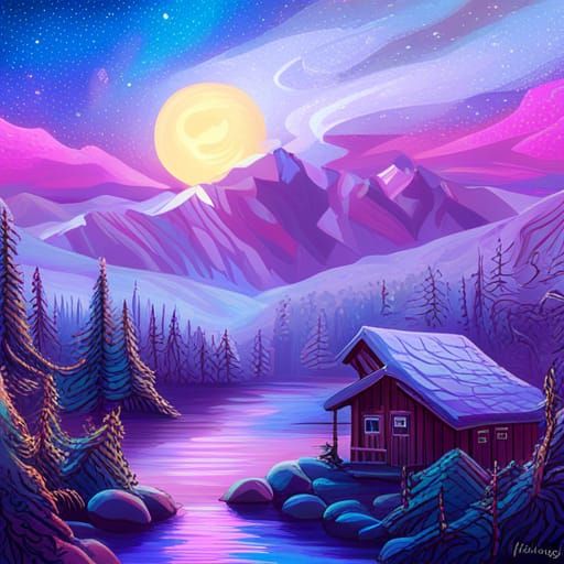 Winter landscape, whites, blues, pinks fading into light purple hues ...