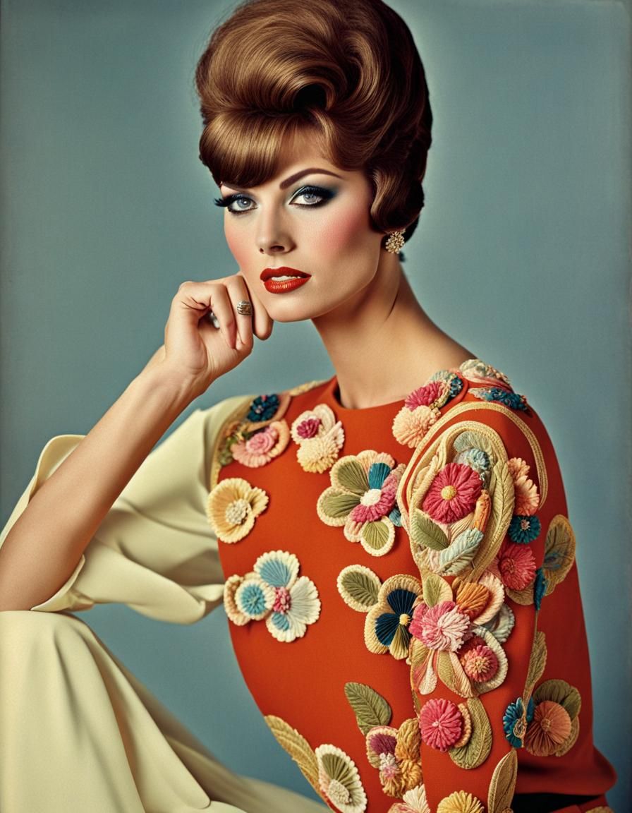 Embroidery-core 1960s fashion model studio photo cheap magazine print ...