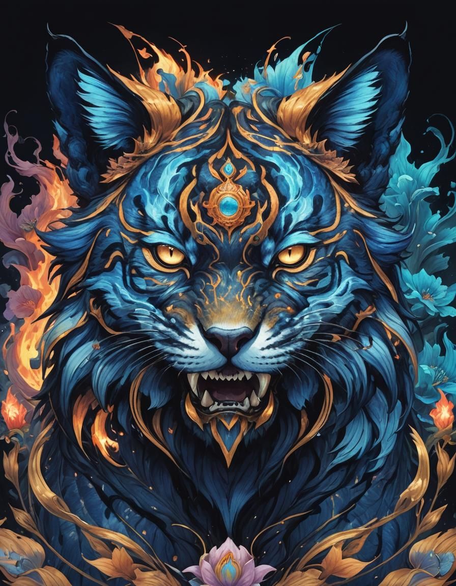 (insanely blue horror artwork of a ghost blue tiger with flame like fur ...