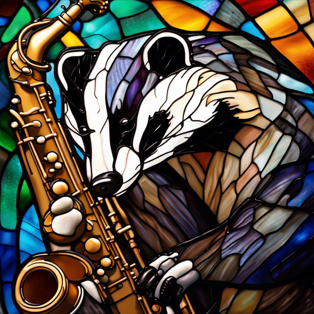 Stained glass representing a badger playing saxophone - AI Generated ...