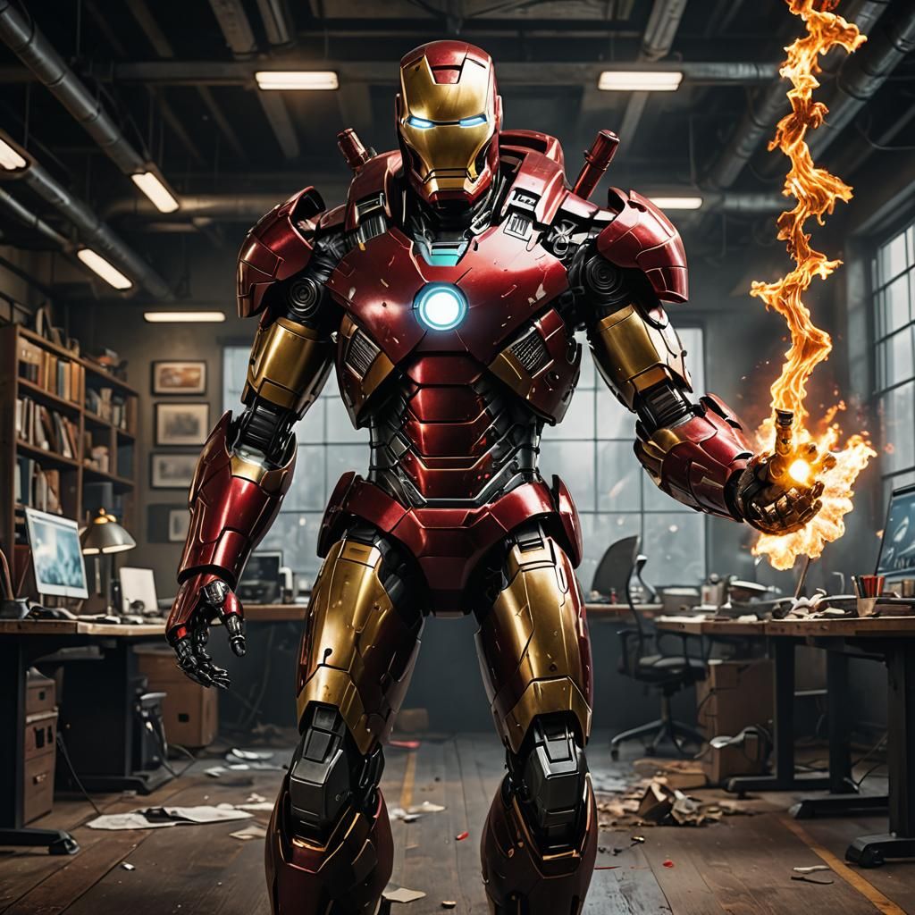 Ironman as a Humanoid robot with a flamethrower in office - AI ...