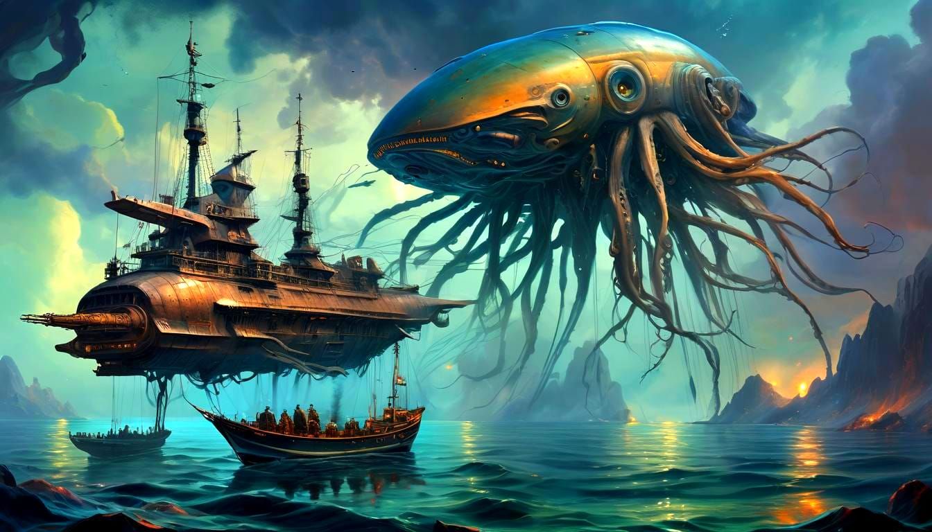 Giant Squid Spaceship, Alcohol Ink, Surreal Shadow... - AI Art