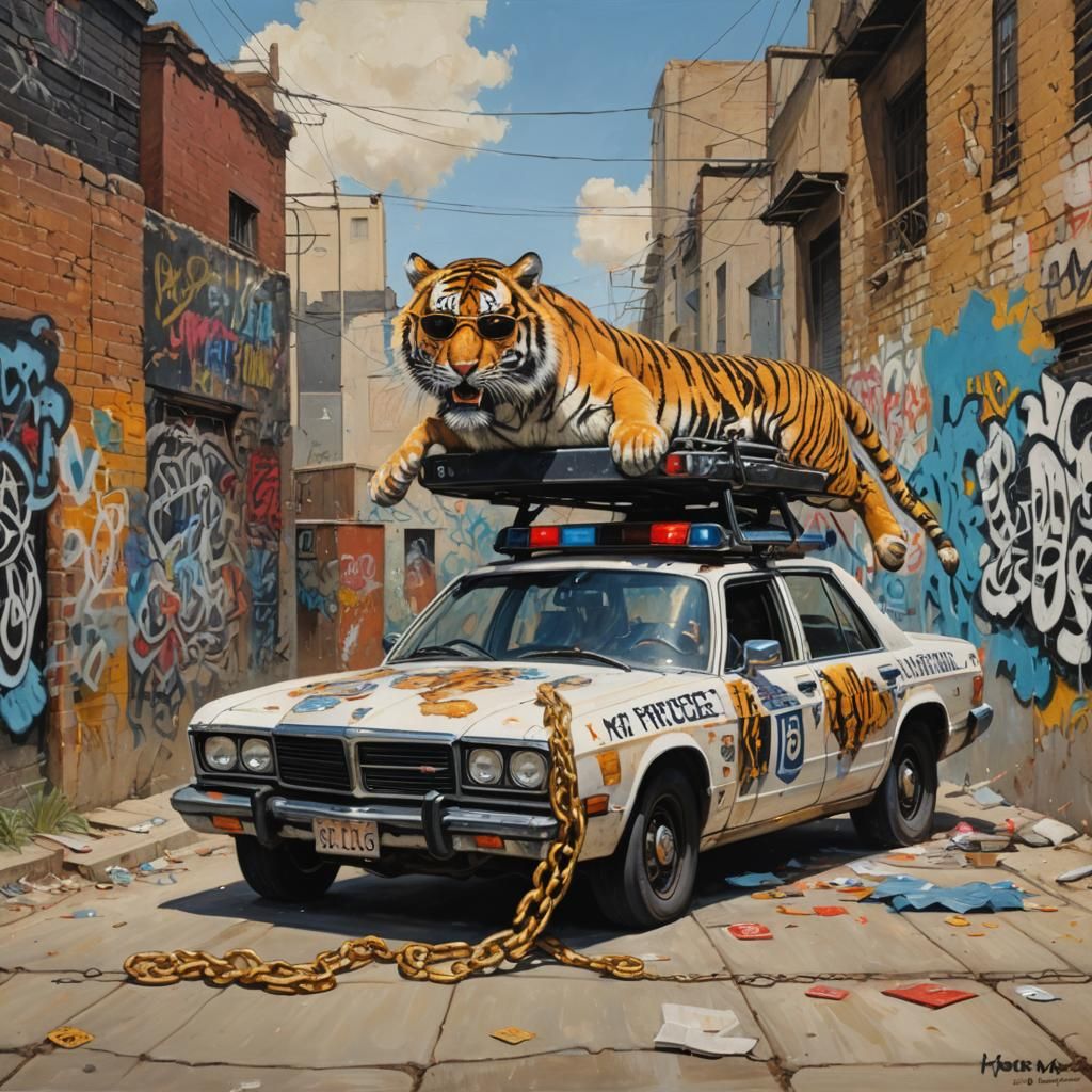 tiger driving police car with sunglasses, with golden chain, background ...