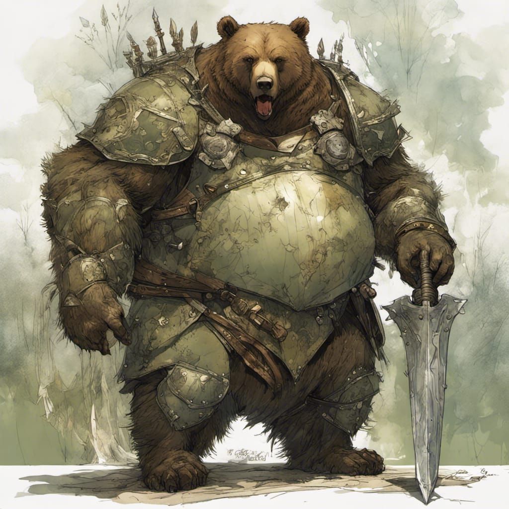 Obese Combat Bear Knight: Olive-Chrome armor reminiscent of wild ...