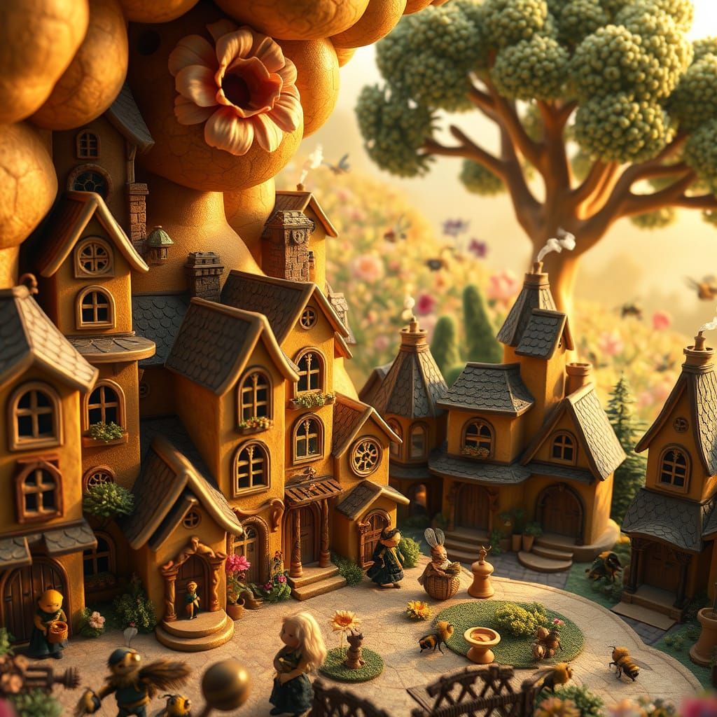 "A whimsical beehive city viewed from a close perspective, showcasing ...