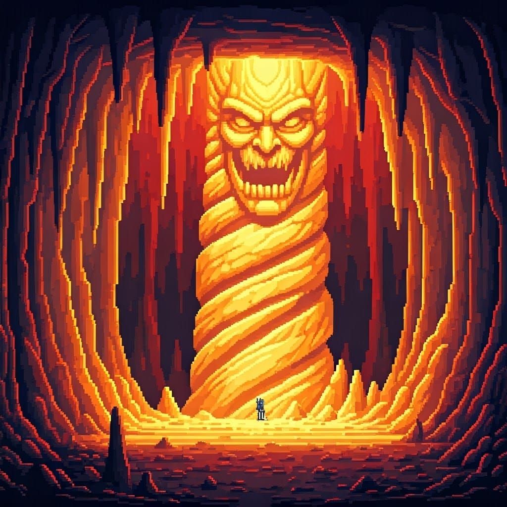 pixel art giant yellow rock twisted column with a demonic face carved ...