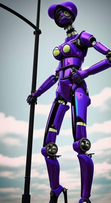robot female street pole dancer with purple vail and blue high heels ...