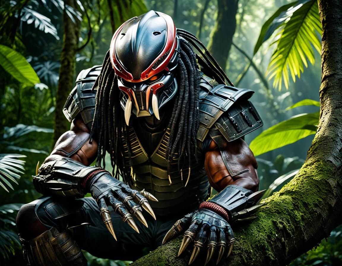 Masked creature from the movie "Predator" In a tree with a jungle ...