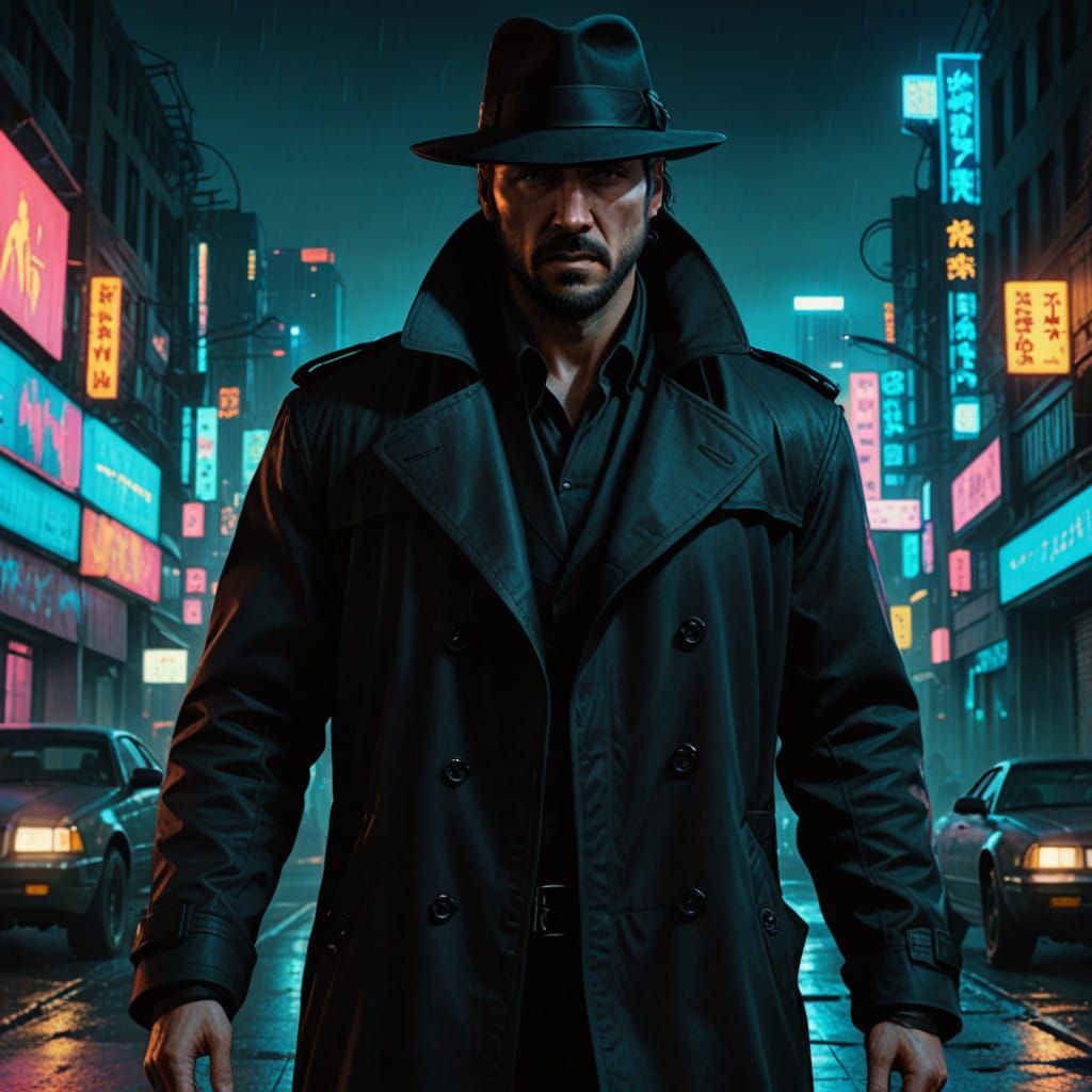 Cyberpunk Detective Stands Amidst Neon Nighttime L... - AI Art
