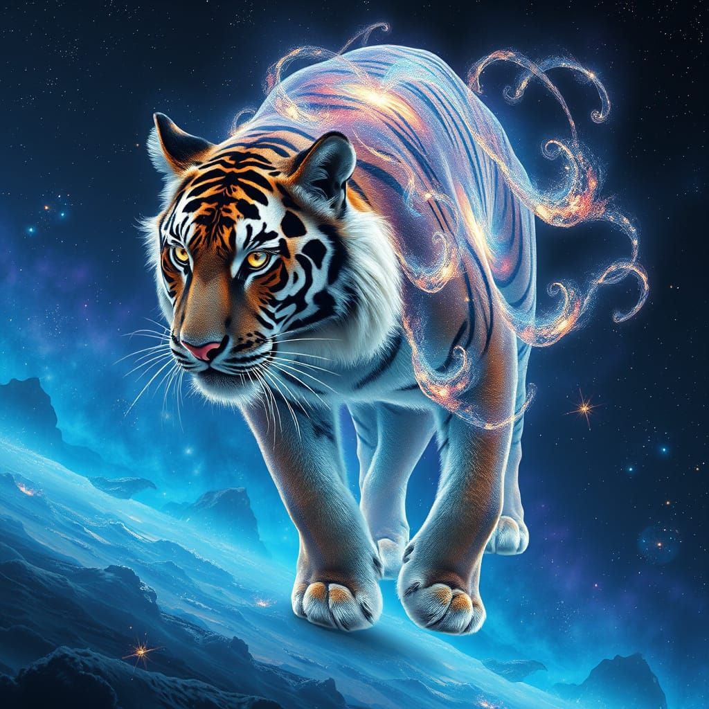 Ethereal Celestial Tiger Prowls Cosmic Expanse - AI Art