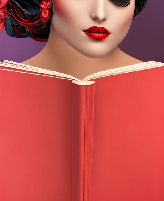 A woman reading a romance novel, her lips are red and although her face ...