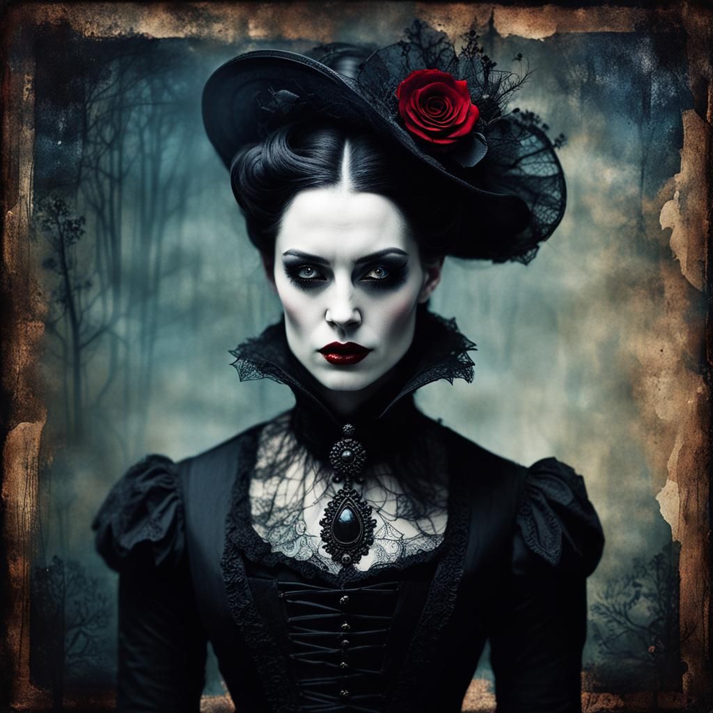 Portrait Victorian goth vampire, surreal, moody, mixed media collage ...