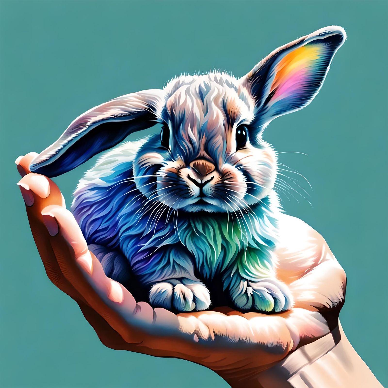 a baby fuzzy bunny sitting in a female human hand holding it ...