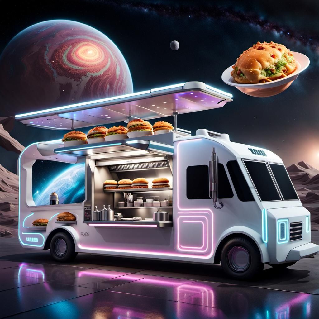 Hyper. detailed FUTURISTIC FOOD TRUCKS On-the-go eateries roaming ...