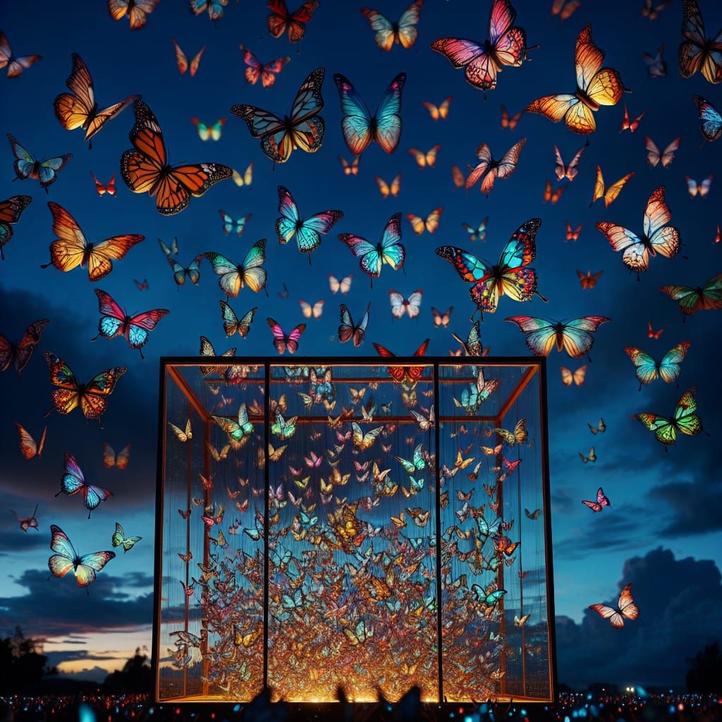 A thousand surreal butterflies, trapped inside a glass box, they are ...