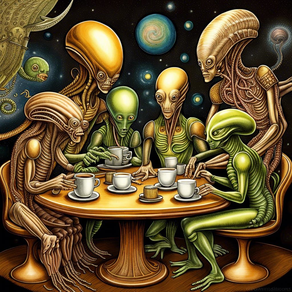 Aliens in an outer space coffee shop : r/nightcafe