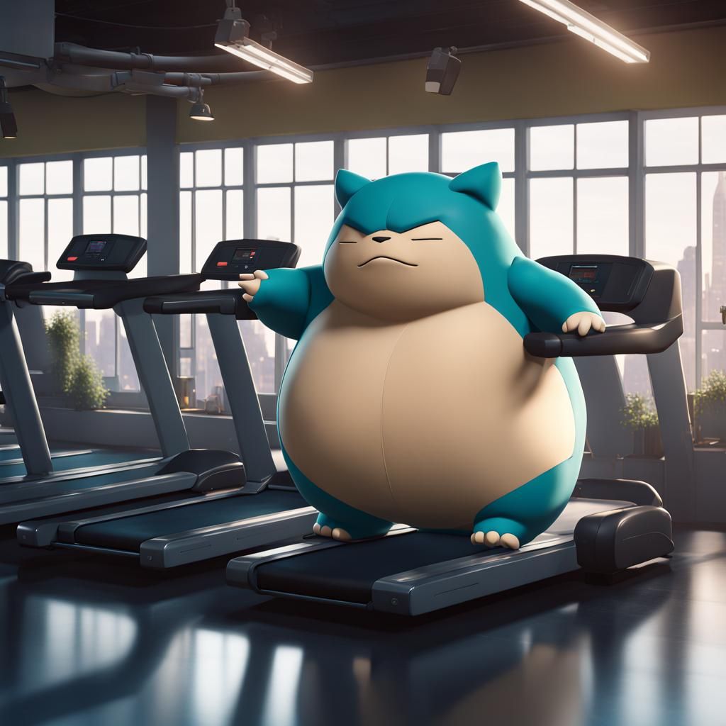 Snorlax Pokemon at the gym on a treadmill - AI Generated Artwork - NightCafe Creator