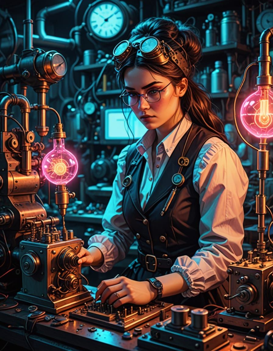 Female Inventor in Steampunk Laboratory at Night - AI Art
