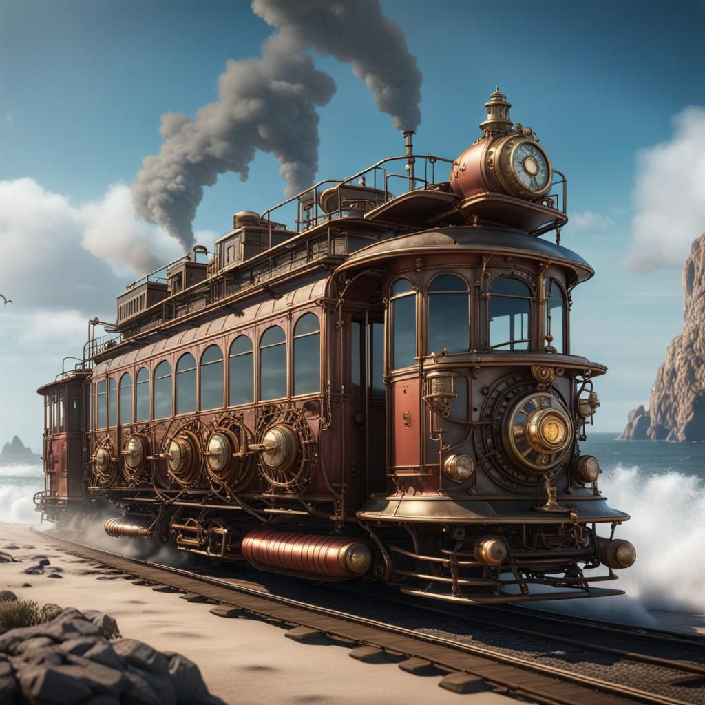 Steampunk Seaside Tram - AI Generated Artwork - NightCafe Creator